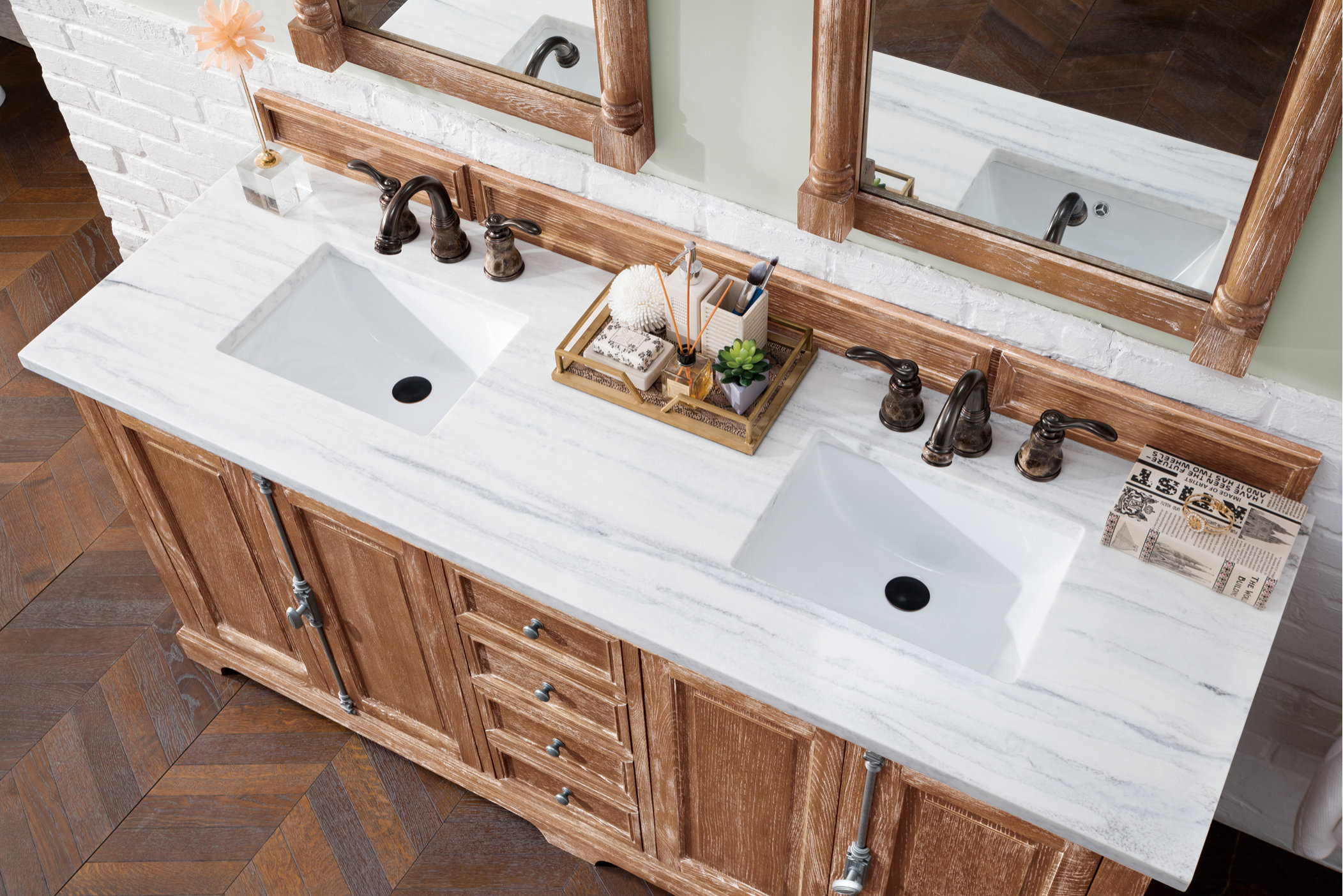 Providence 72" Driftwood Double Vanity, Arctic Fall Solid Surface Top ...
