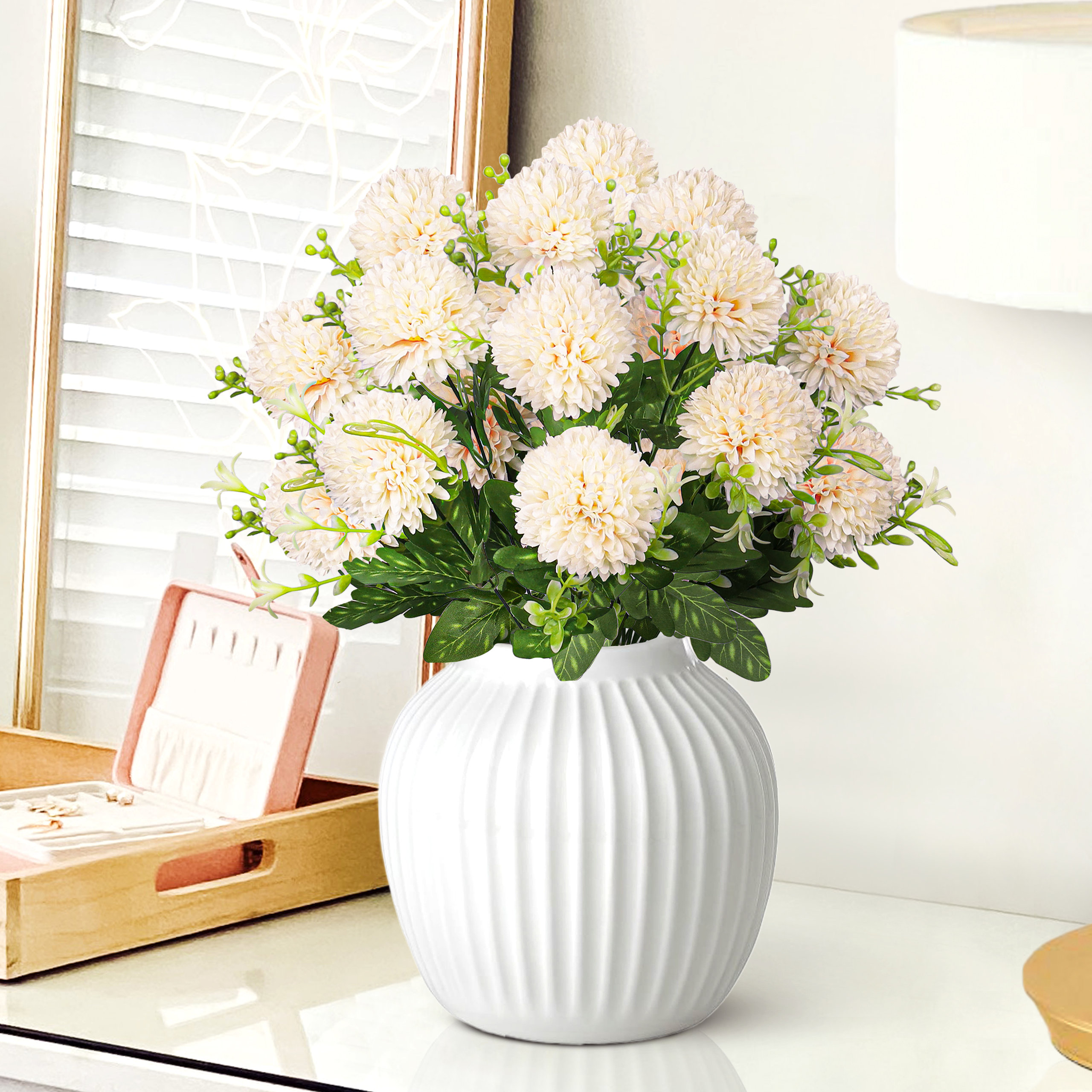 Set of 3 Champagne Ivory Artificial Pom Pom Mum Flower Stem Bush ...