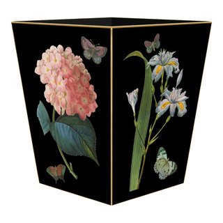 Vintage Pink Roses and Blue Irises on Black Wastepaper Basket ...