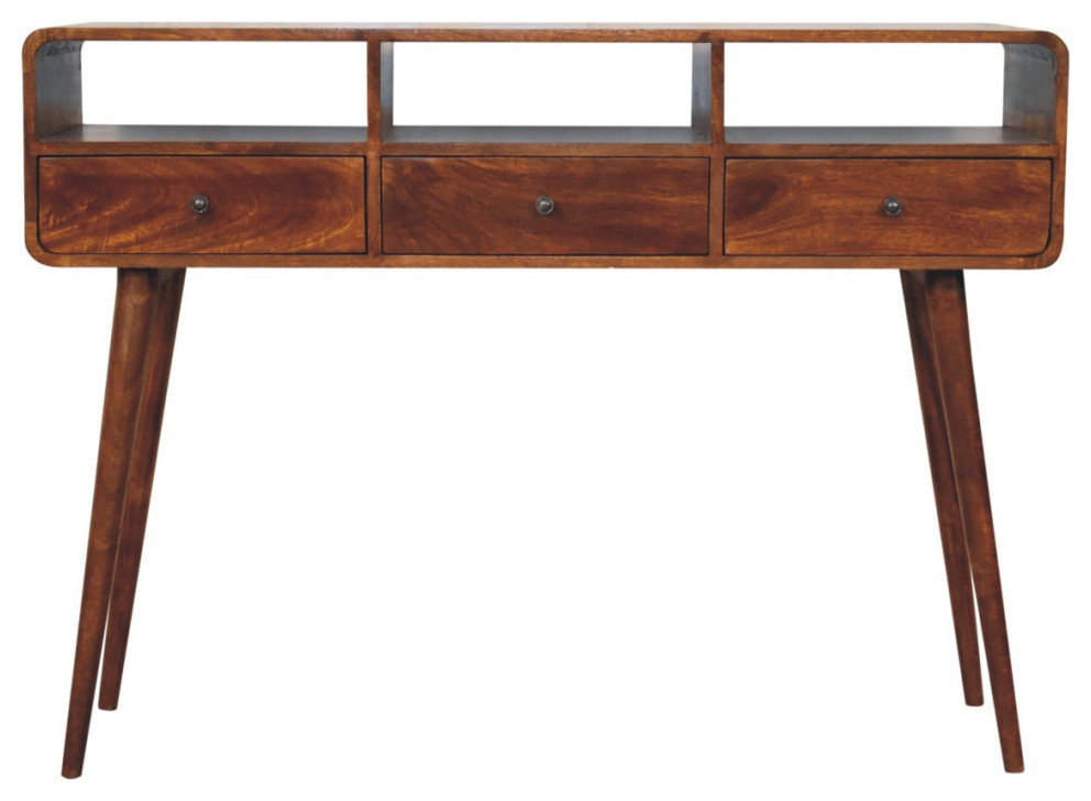 Solid Wood Triple Curved Chestnut Console Table, Brown, 3 Drawers, 3 ...
