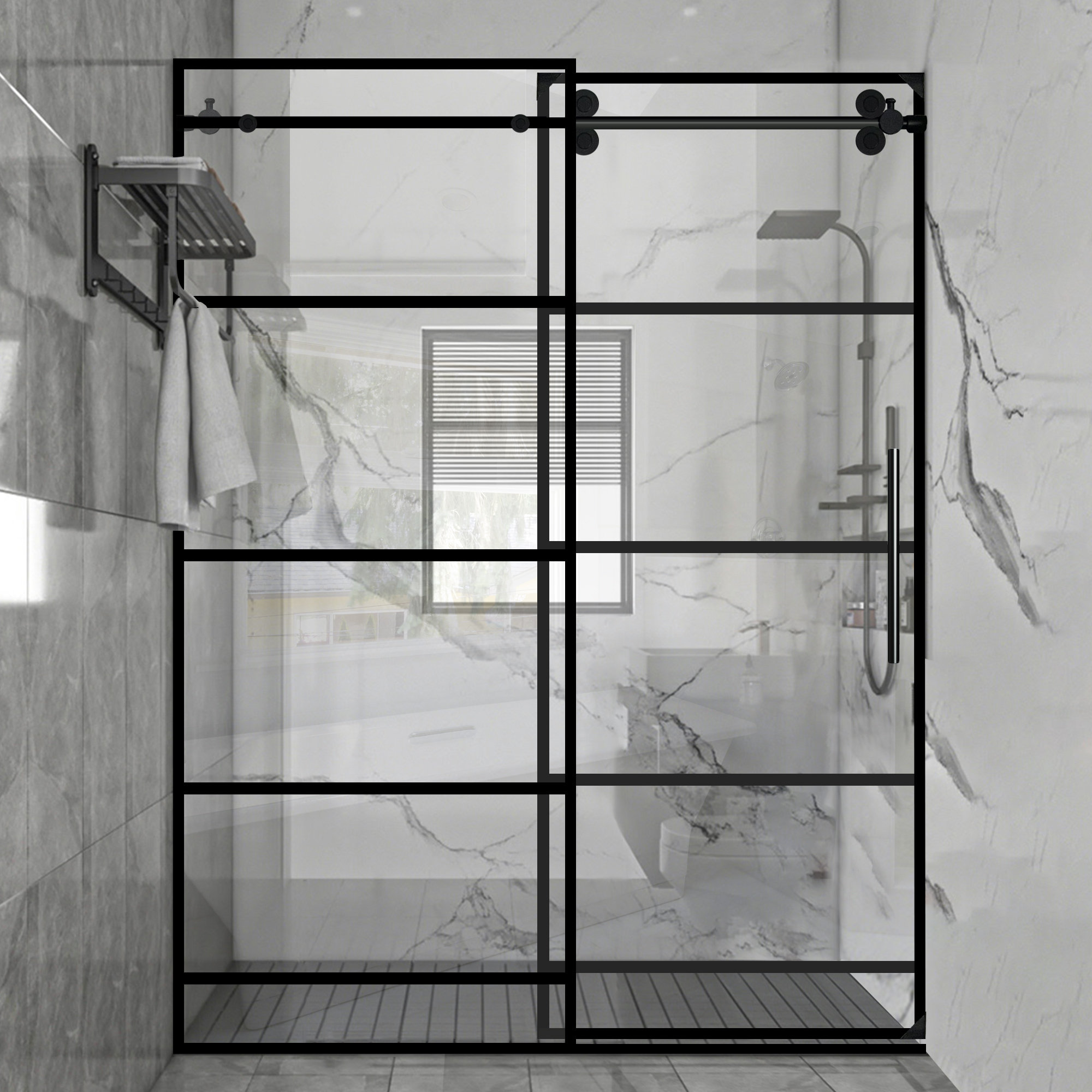 Marcella Single Sliding Matte Black Grid Shower Door, 44"- 48" X 76" - Contemporary - Shower ...
