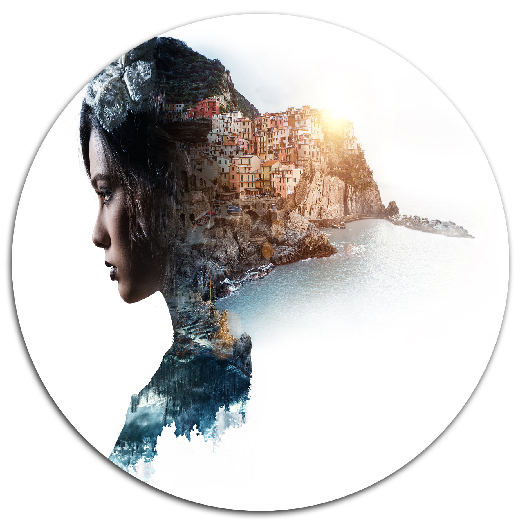 Double Exposure Woman Portrait, Modern Portrait Round Wall Art, Disc of ...