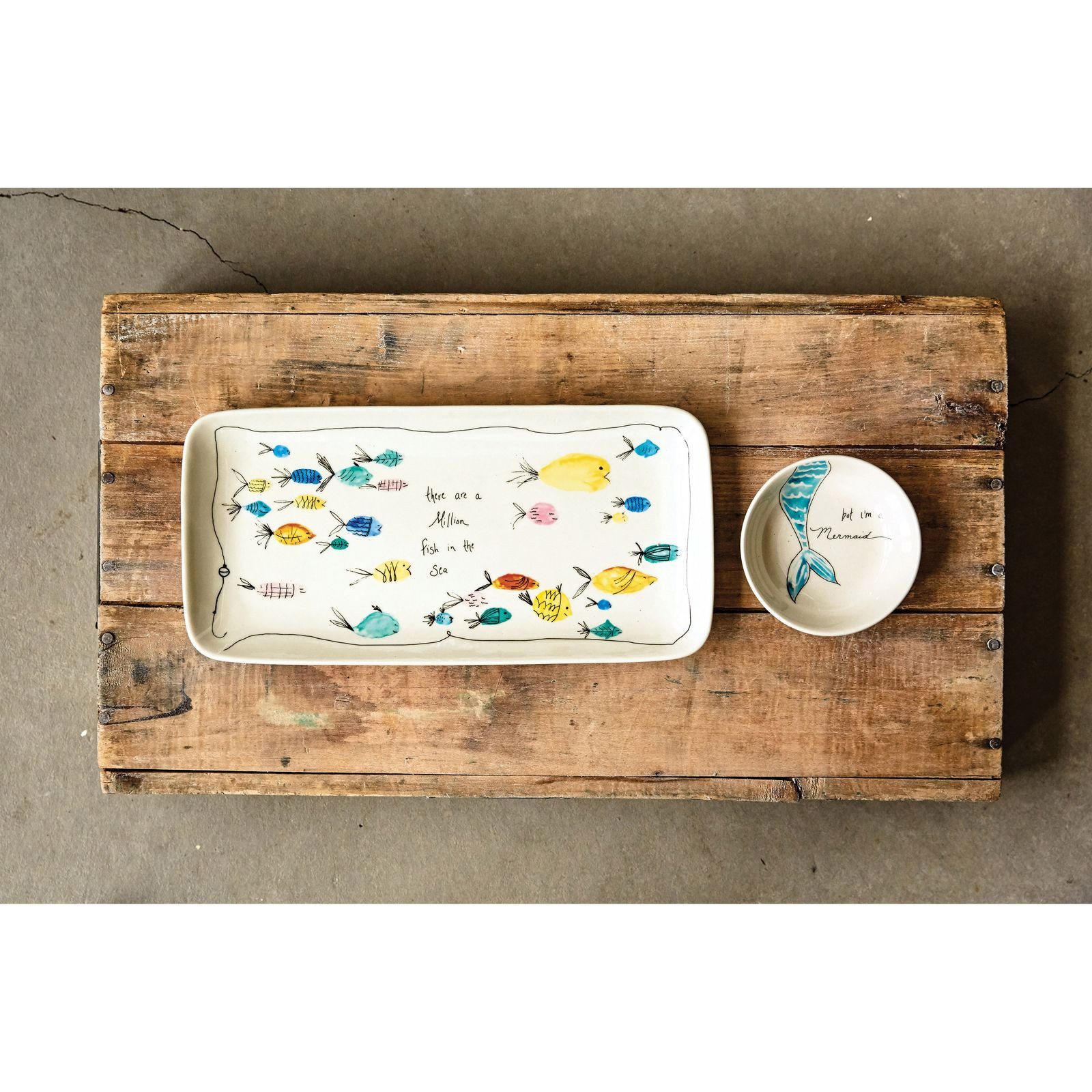 Rectangle Stoneware Plate With Fish Images and Matching Bowl, Set of 2 ...