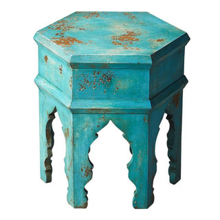 Mango Wood Moroccan Side Table, Blue Finish - Mediterranean - Side ...