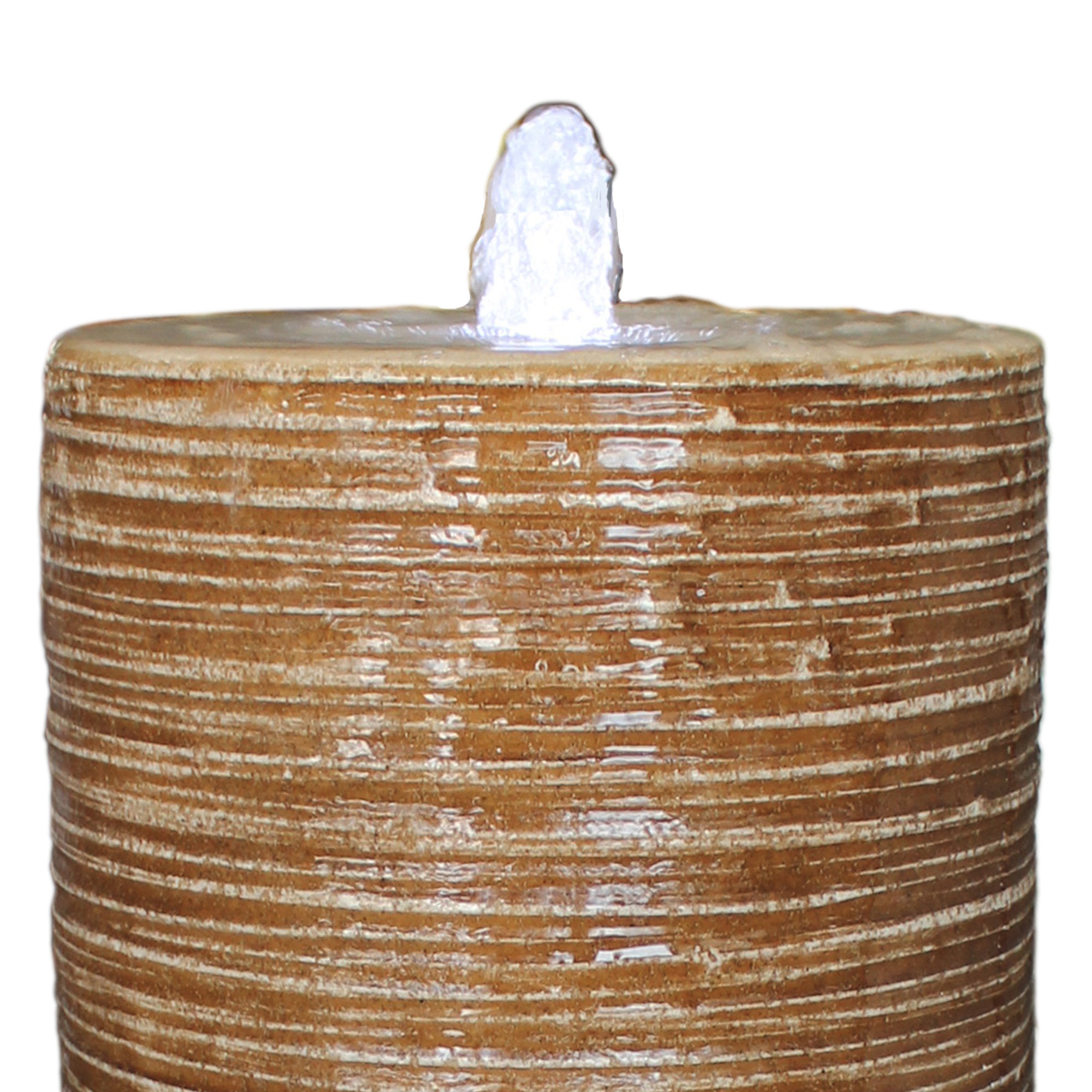 Ribbed Cylindrical Water Fountain with Round Pebble Base, Brown ...