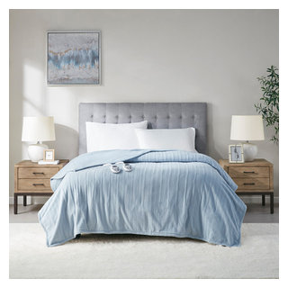 Serta Ribbed Micro Fleece Heated Blanket, Blue, Twin - Contemporary ...