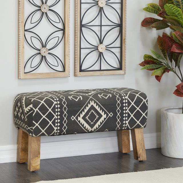Black Tribal Upholstered Bench with Mango Wood Frame and Padded Seat ...