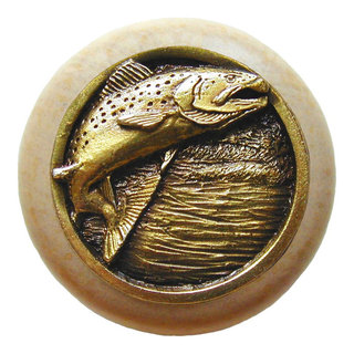 Leaping-Trout Natural Wood Knob, Clear Finish With Antique-Style Brass ...