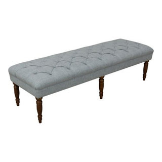Fabric Upholstered Wooden Bench with Tufted Seat and Turned Legs, Blue ...