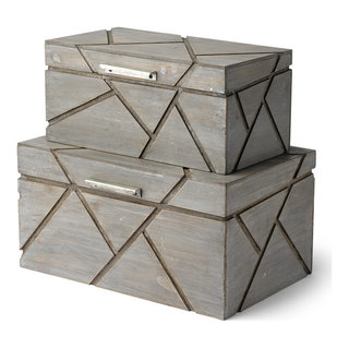 Set of Two Gray Wooden Boxes With Carved Details - Farmhouse - Storage ...