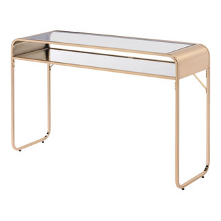 Gold U-Shaped Console Table with Glass Top, Center Shelf, and Rounded ...