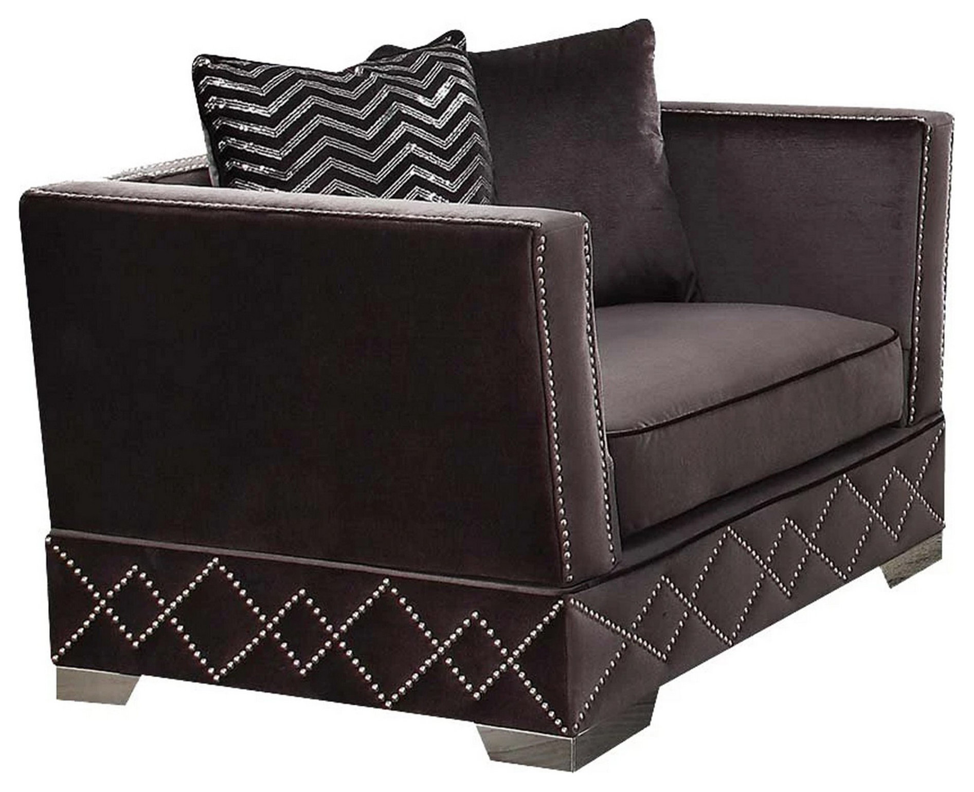 Nailhead Accented Fabric Chair with Pillows and Metal Block legs, Brown ...