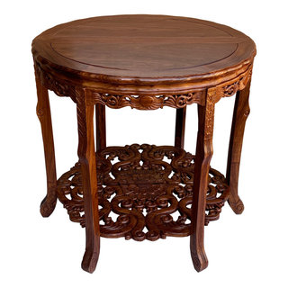 Chinese Brown Flower Carving Wood 2 Half Side Round Pedestal Table ...