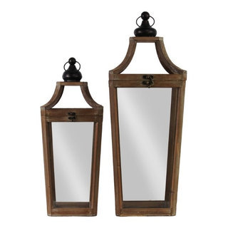 Wood Square Lantern with Ring Handle, Set of Two, Brown - Traditional ...