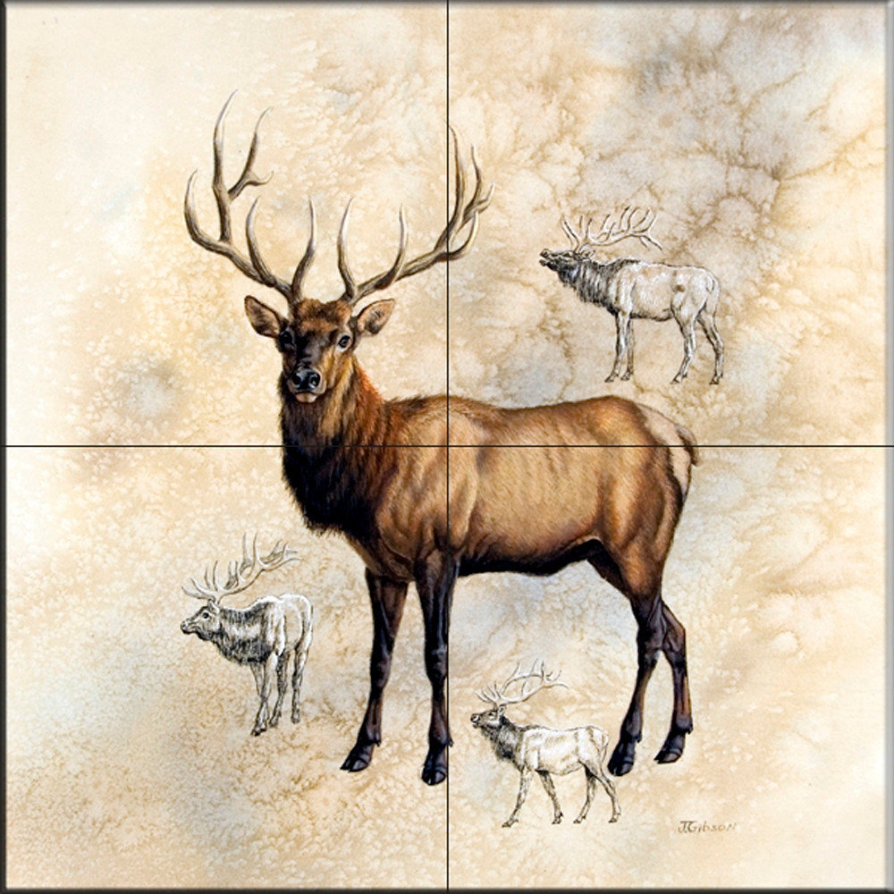 Tile Mural, Elk-Jg by Judy Gibson, 18" x 18" (9 Tiles) - Rustic - Tile ...