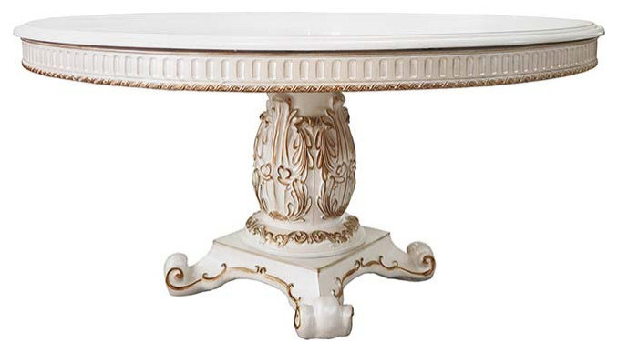 Acme Vendom Dining Table With Pedestal 60-Dia Antique Pearl Finish ...