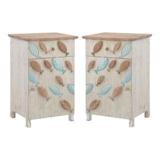 Home Square Fish Wood Storage Side End Table in Distressed White - Set ...