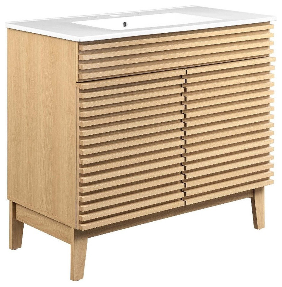 Modway Render 36" MDF and Particleboard Bathroom Vanity in Oak/White ...