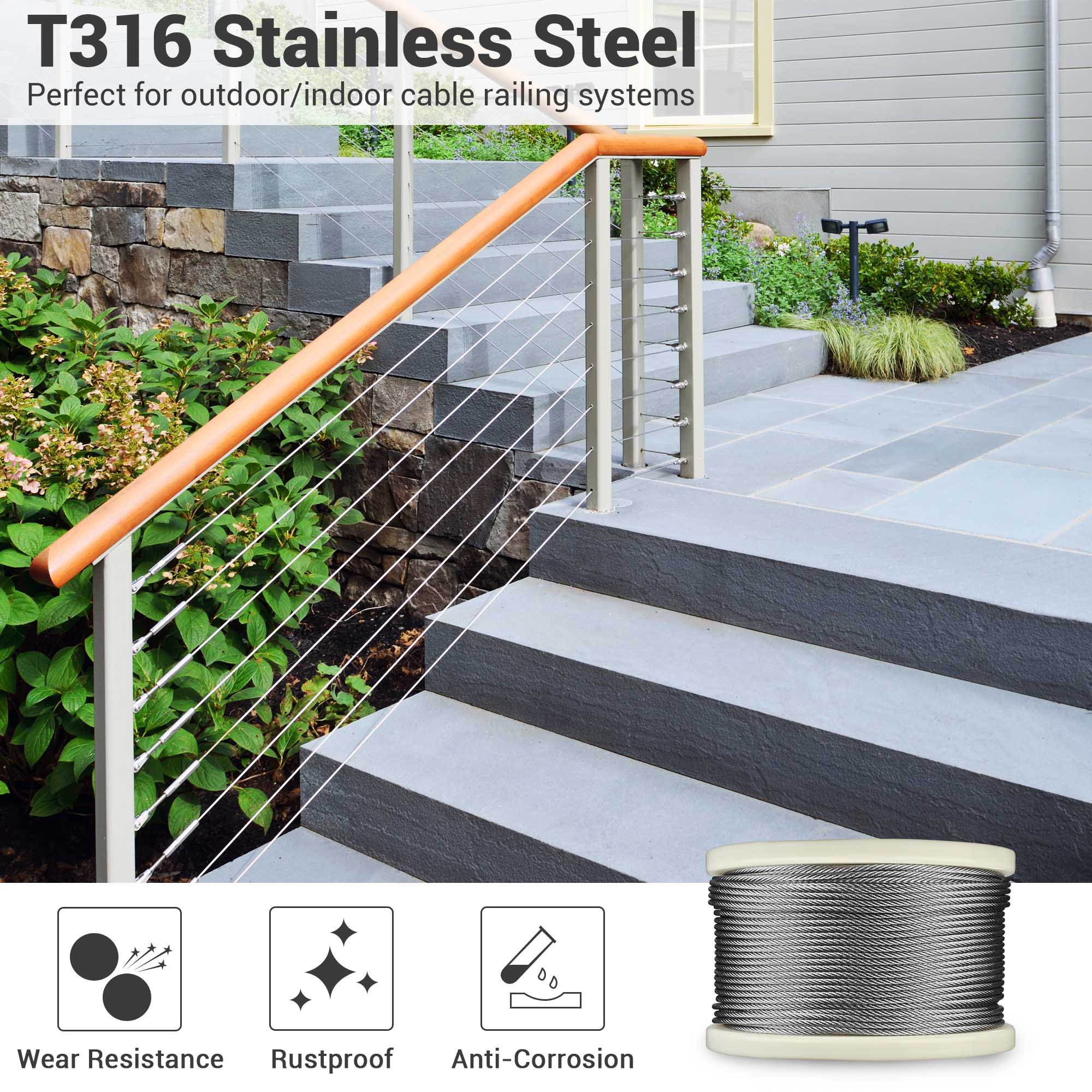 Yescom 1/8" T316 Stainless Steel Cable Wire Rope 7x7 Aircraft Strand Railing - Cable Management ...