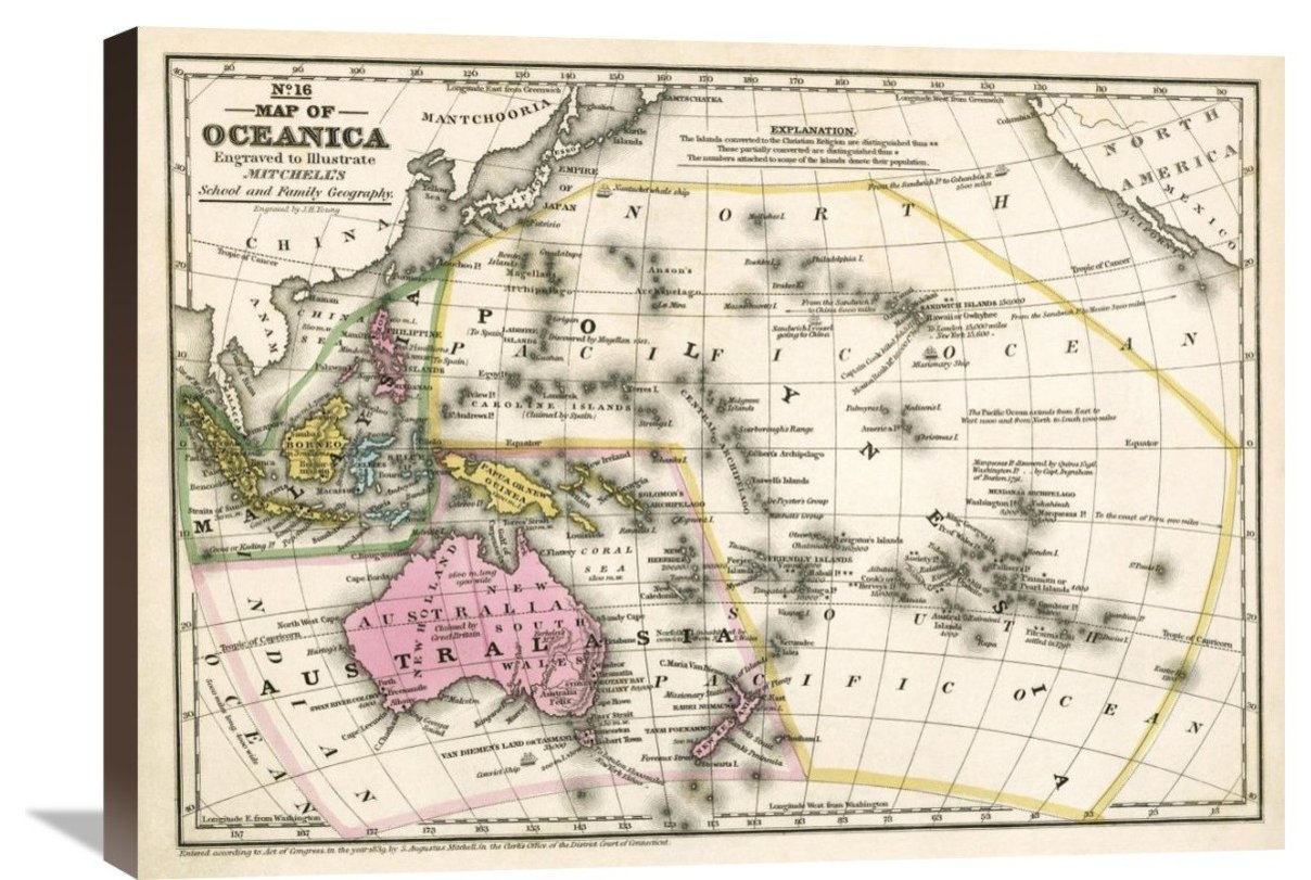 "Map of Oceanica, 1839" Canvas Giclee by Samuel Augustus Mitchell, 16"x12", 30"x1.5"x22 ...