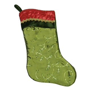 20" Red and Green Leaf Christmas Stocking With Wavy Sequined Cuff ...