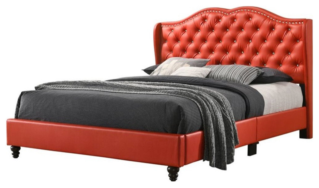 Maklaine Transitional Faux Leather Upholstered Full Bed in Red, Full ...