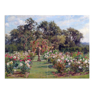 Tile Mural SUNDIAL IN A ROSE GARDEN flowers Backsplash, Four Inch ...