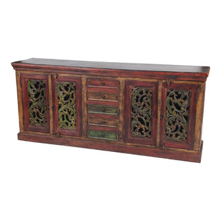 Arvada 4 Carved Doors 5-Drawer Solid Wood Buffet in Brown/Multi-Color ...