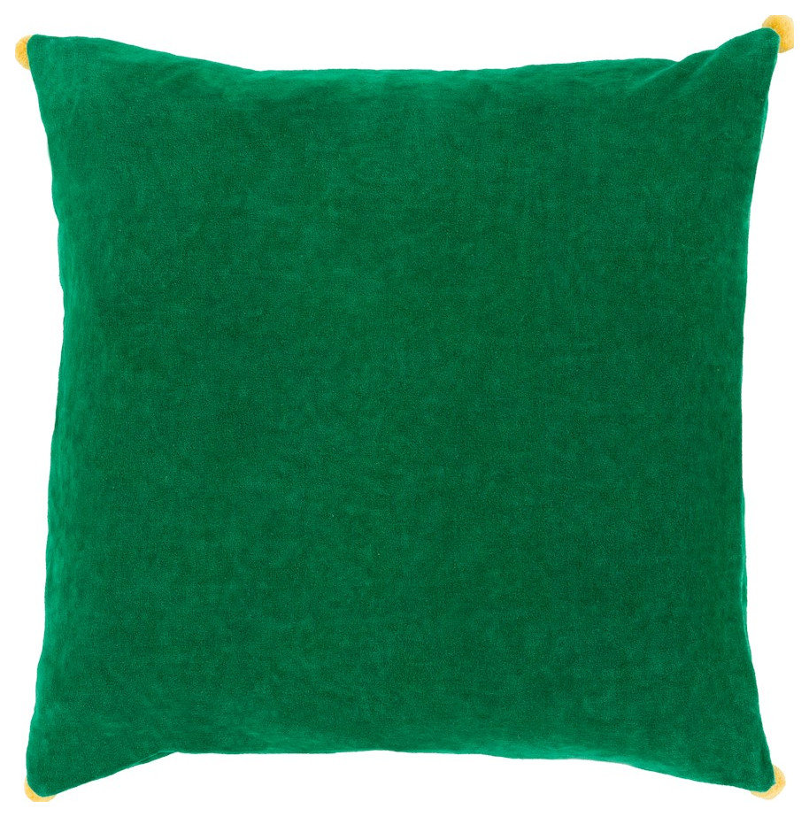 Velvet Poms by Surya Down Pillow, Grass Green/Saffron, 20' x 20 ...