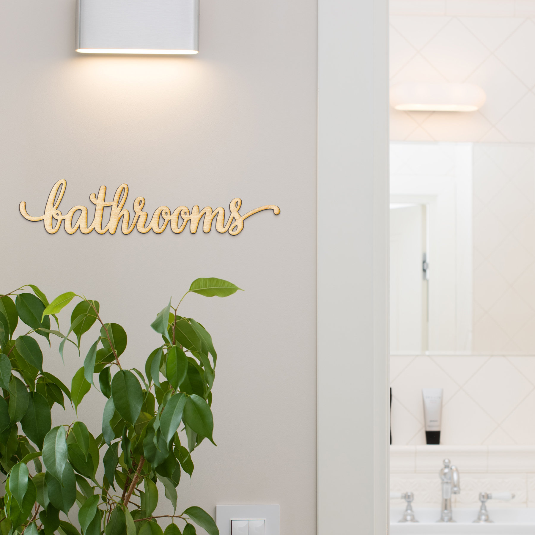 Bathrooms Script Wood Word Wall Art Sign, 12" Wide X 3" Tall ...