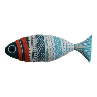 Embroidered Cotton Knit Fish Shaped Pillow, Multicolor - Beach Style ...