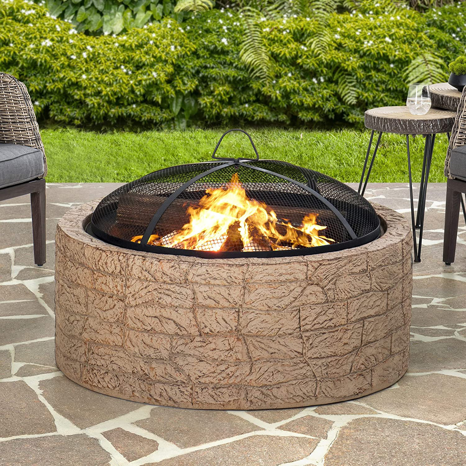 Sunjoy Stone 26" Round Wood Burning Firepit, Khaki - Rustic - Fire Pits ...