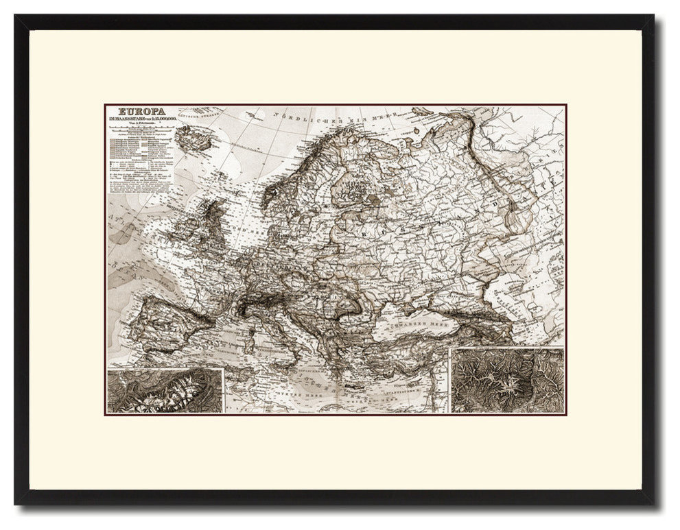 Europe Vintage Old Sepia Map Print On Canvas With Black Custom Frame ...