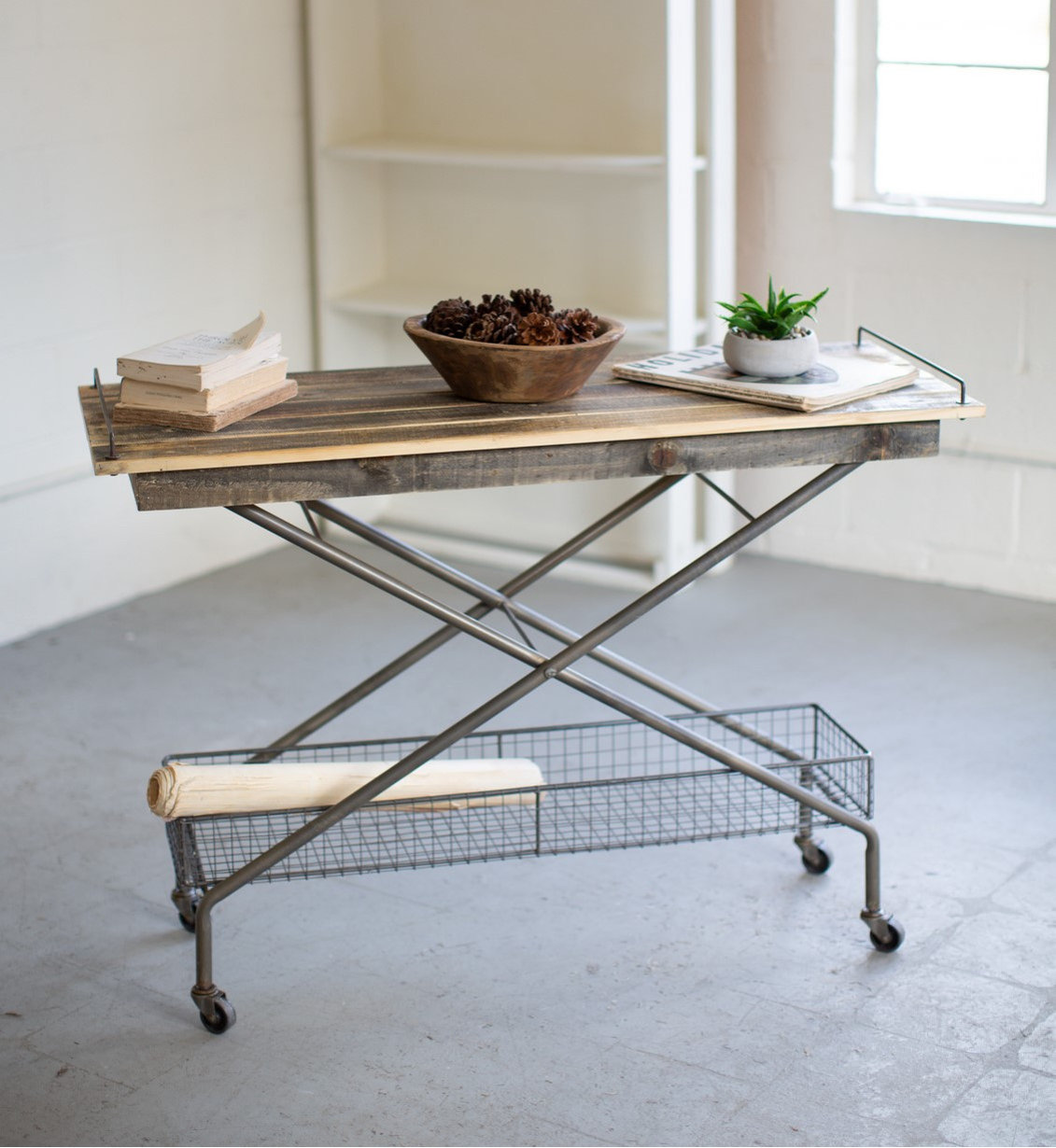Multipurpose Recycled Wood Rolling Console Table Cart Metal Industrial ...