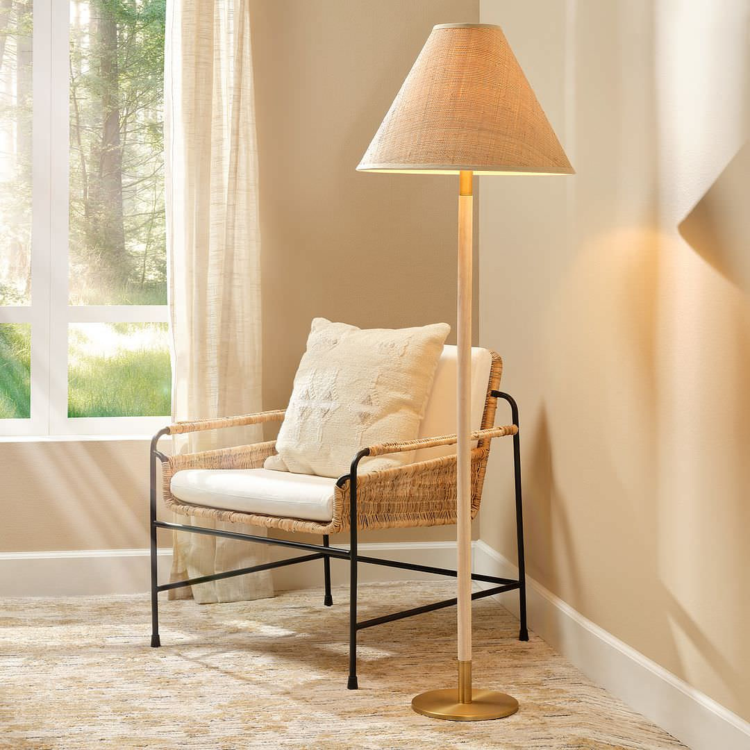 Contemporary Casual Raffia Shade Floor Lamp 64.5 in Brass Metal Wood ...