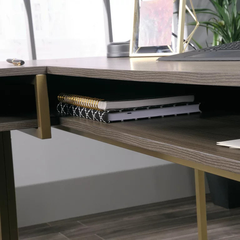 Contemporary Desk, L-Shaped Design With Golden Metal Frame, Diamond Ash ...
