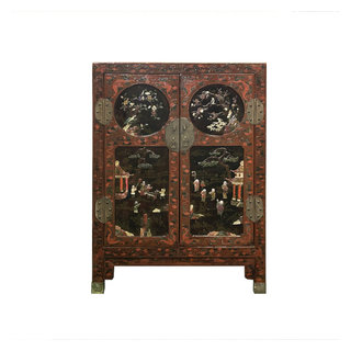 Vintage Chinoiseries Brick Red & Stone Inlay Graphic Credenza Cabinet ...