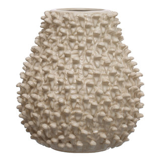 9.25 Inches Round Embossed Stoneware Formed Vase, Cream - Transitional ...