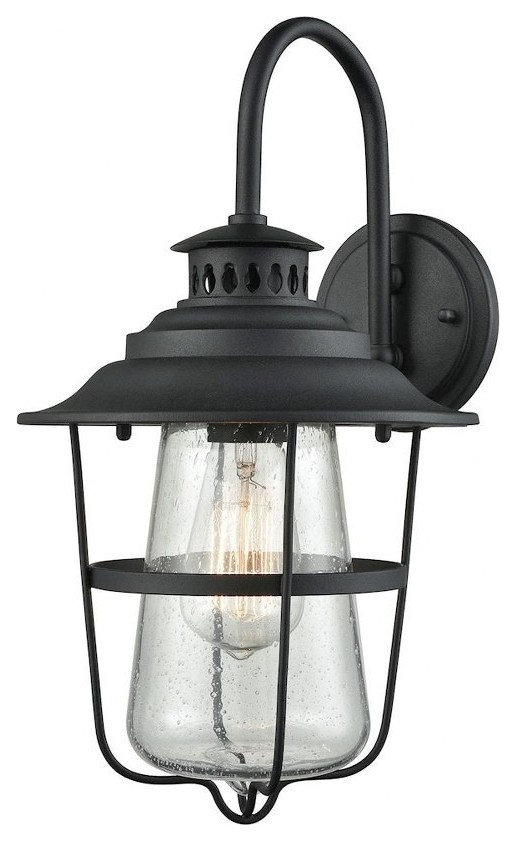 Caged 1-Light Outdoor Wall Lamp in Textured Matte Black Clear Seedy ...