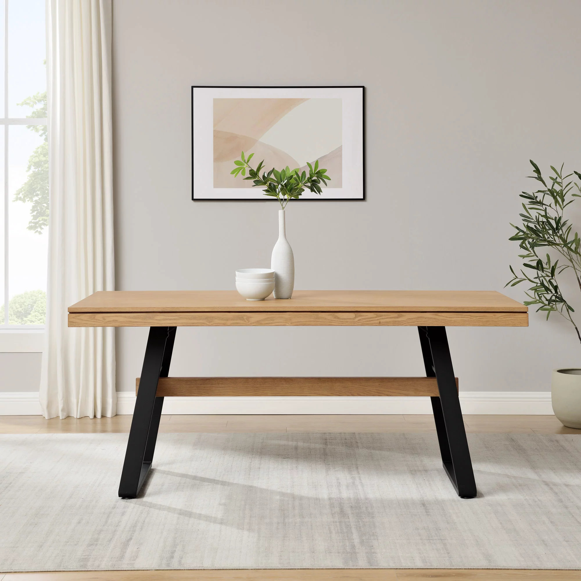 Industrial Dining Table, Metal Legs With Rectangular Table Top, Light ...