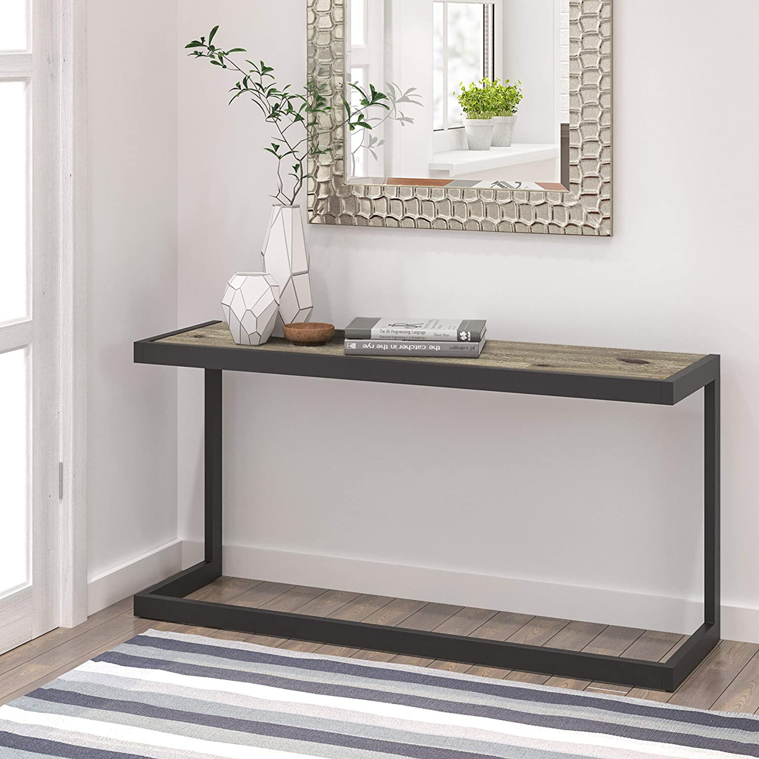 Industrial Console Table, C-Shaped Open Frame With Acacia Top ...