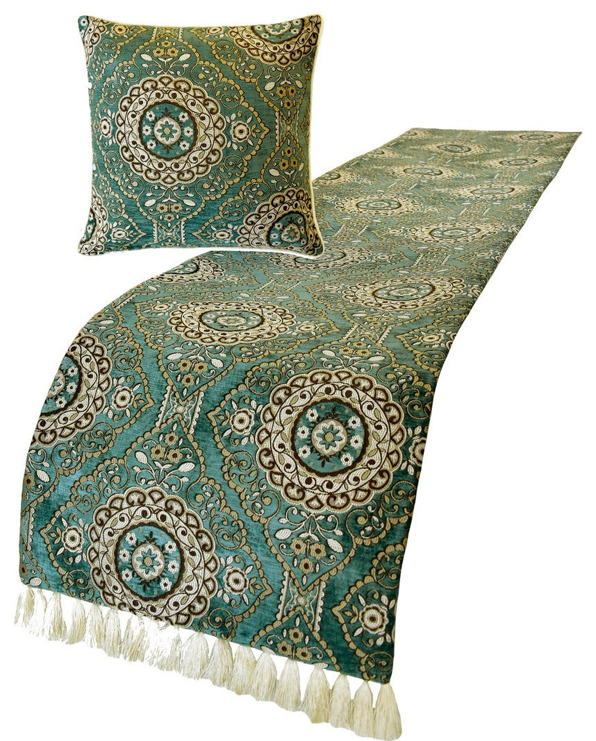 Decorative Blue Velvet Twin Bed Runner, Tassels and Velvet Ahmet, King ...