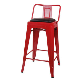 Lowback Red Metal Bar Stools, Vegan Leather Seat, Set of 1 - Industrial ...