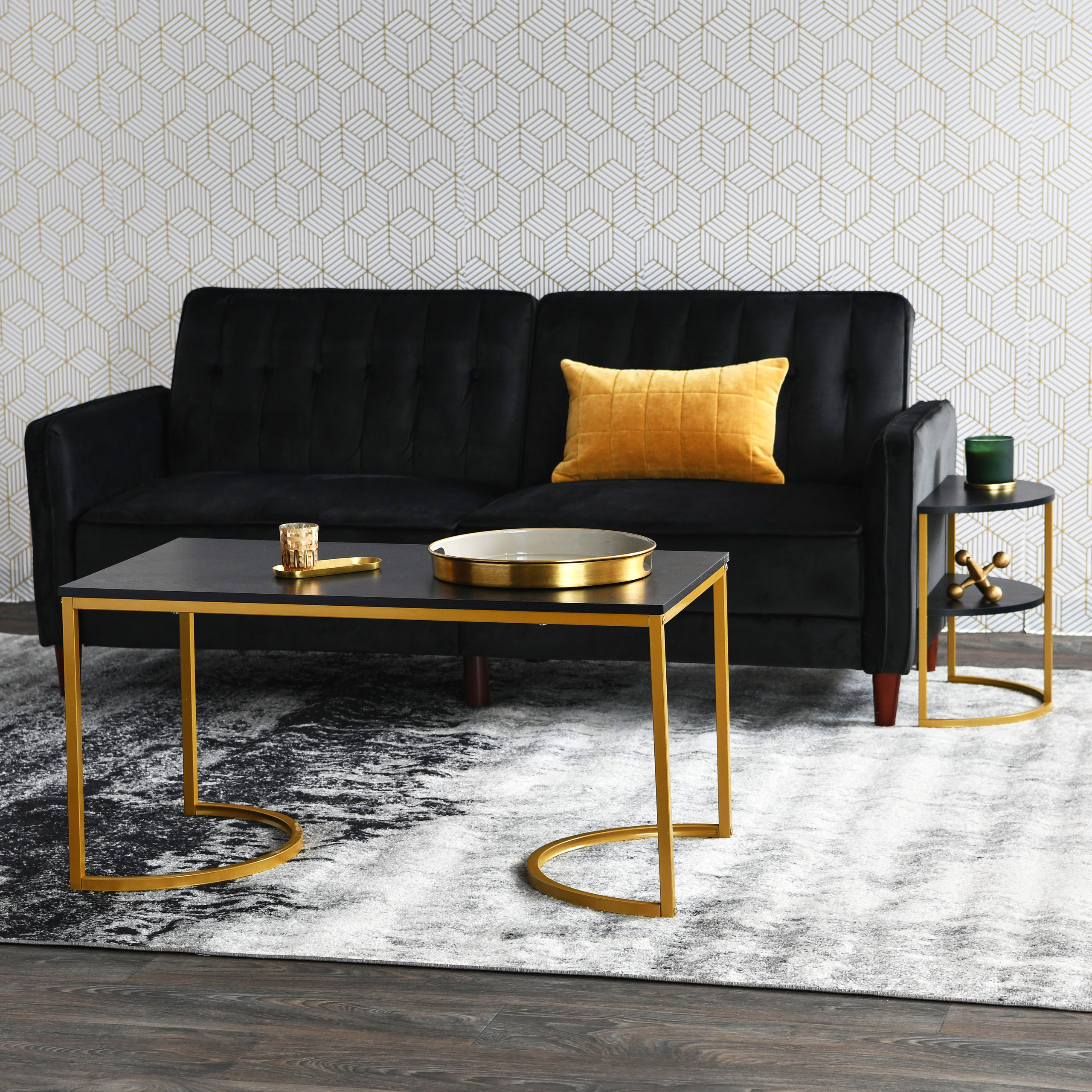 Half Moon Rectangular Coffee Table Black Oak Wood Grain and Gold Metal ...