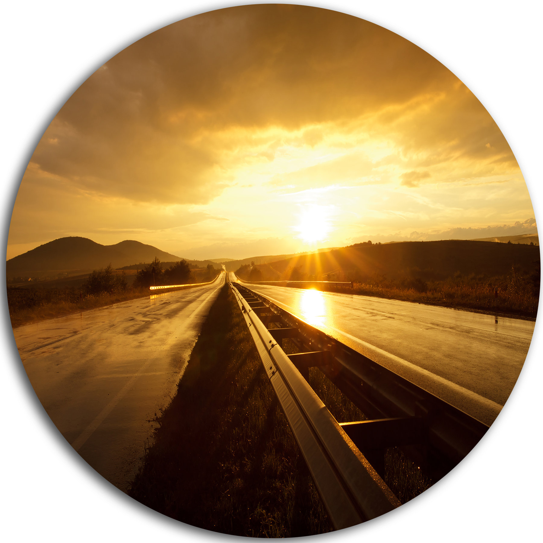 Wet After Rain Road At Sunset, Disc Metal Wall Art Landscape, Disc of ...