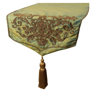 Decorative Table Runner, Gold Silk, Zardozi and Tassels Orla, 14"x120 ...