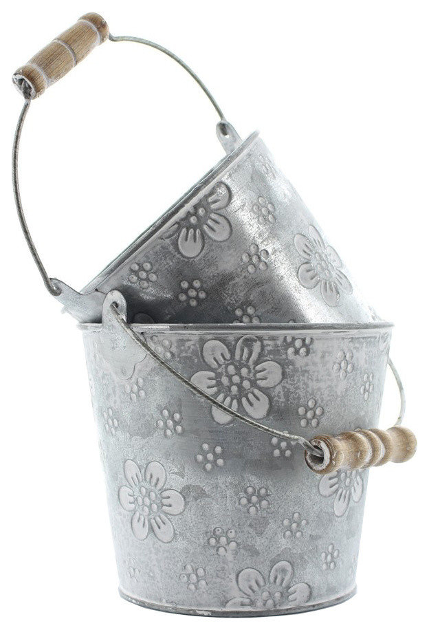 Zinc Bucket Planters With Flower Patterns, Set of 2 - Farmhouse ...