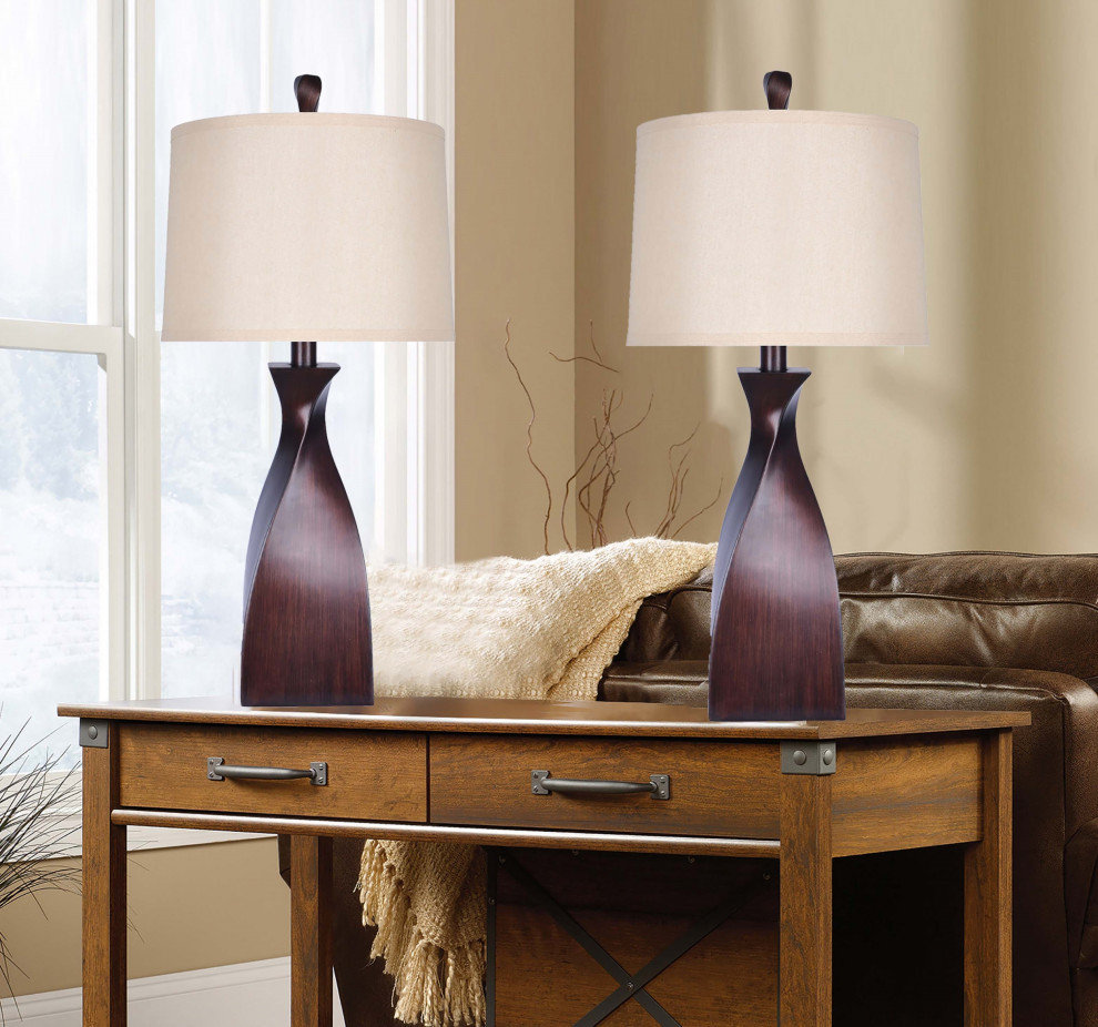 30" Faux Dark Walnut Polyresin Table Lamps With Natural Linen Shades ...