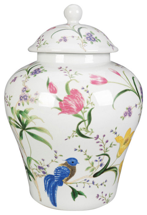 Birds and Flowers 14" Ginger Jar With Lid - Asian - Decorative Jars And ...