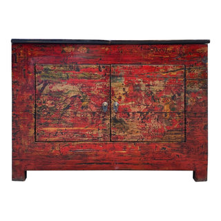 Chinese Vintage Brick Red Distressed Flower Graphic Side Table Cabinet ...